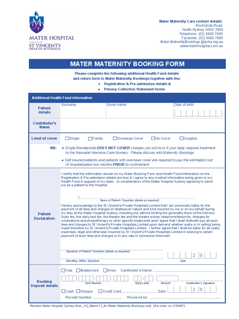 Mater Maternity Booking Form Guide | PDF | Hospital | Credit Card