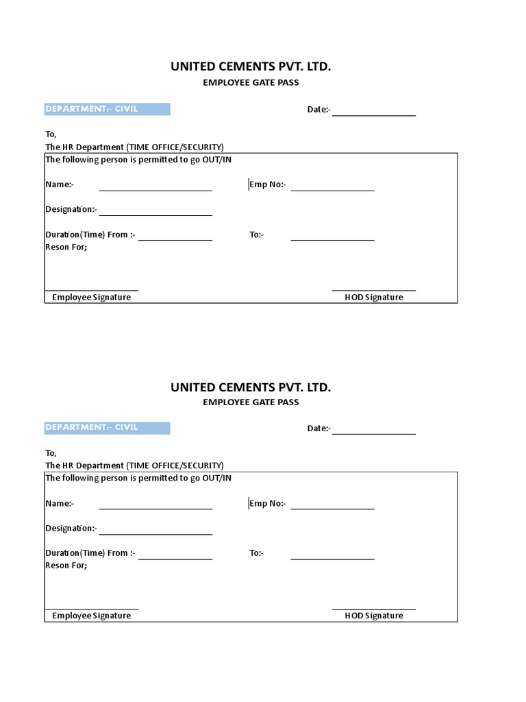 United Cements Pvt. LTD.: Employee Gate Pass | PDF | Business | Nature