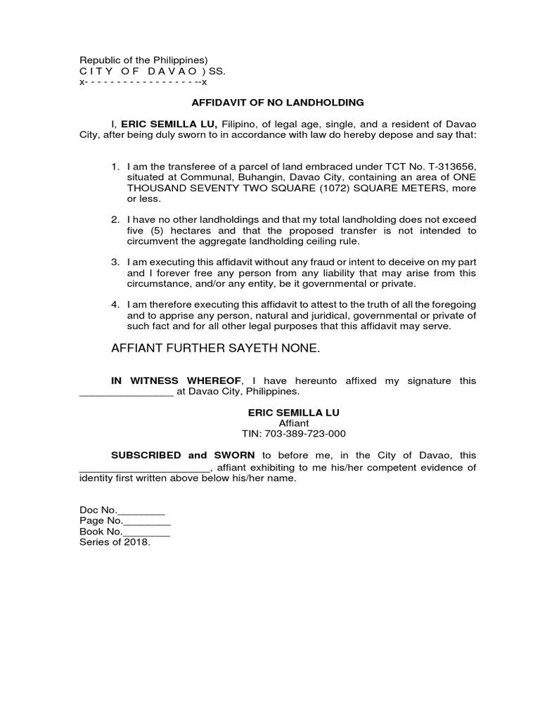 Affidavit of Total Land Holding | PDF