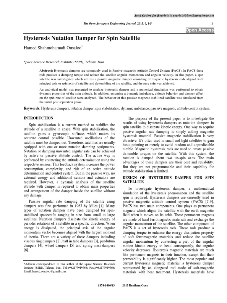 Hysteresis Nutation Damper For Spin Satellite: Hamed Shahmohamadi ...