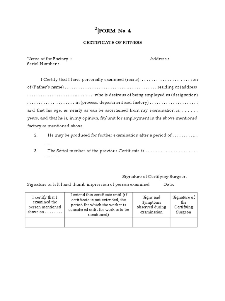 Form No. 4: Certificate of Fitness | PDF