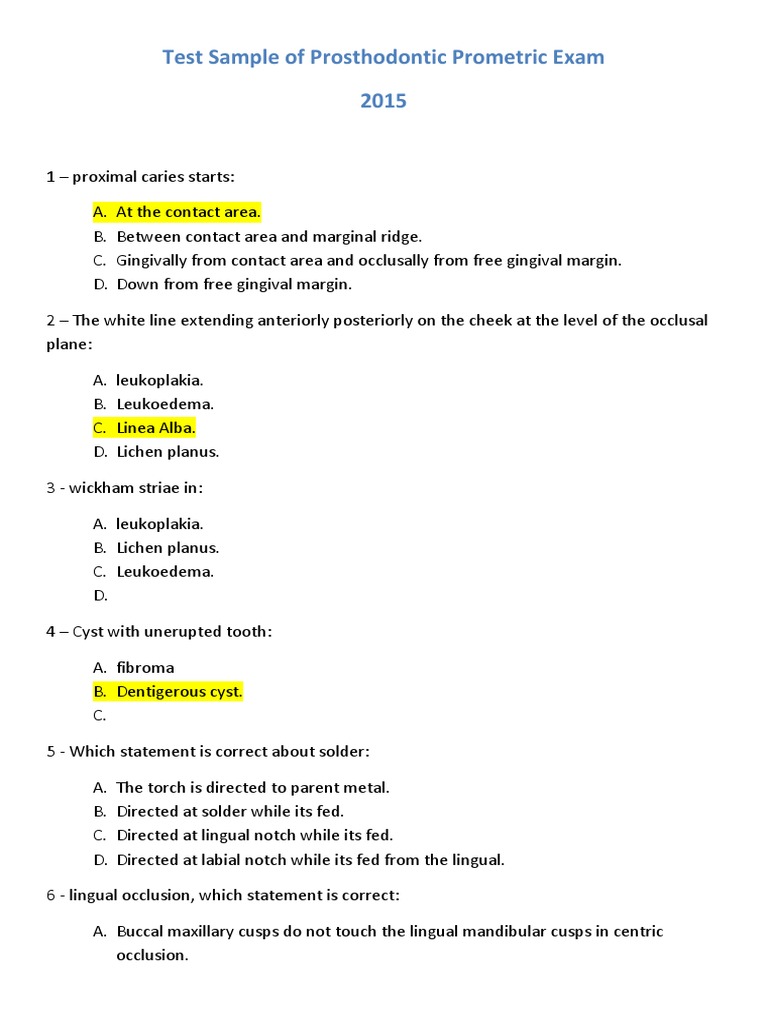 Test Sample of Prosthodontic Prometric Exam 2015 | PDF | Dentures ...