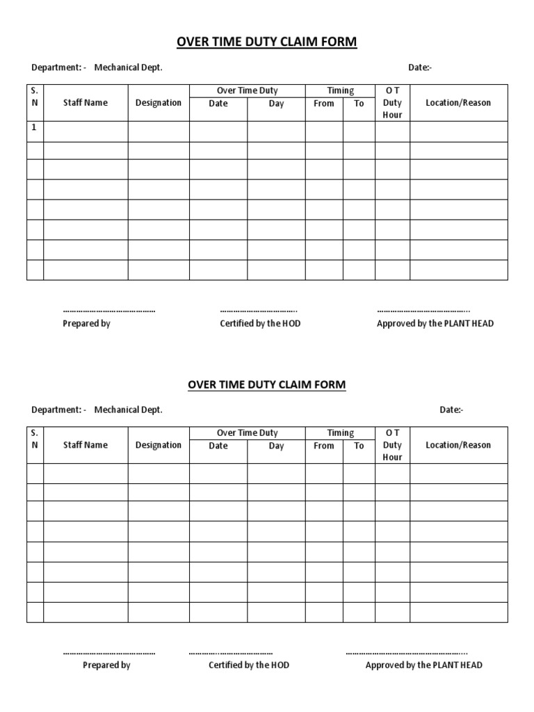O T Duty Form | PDF
