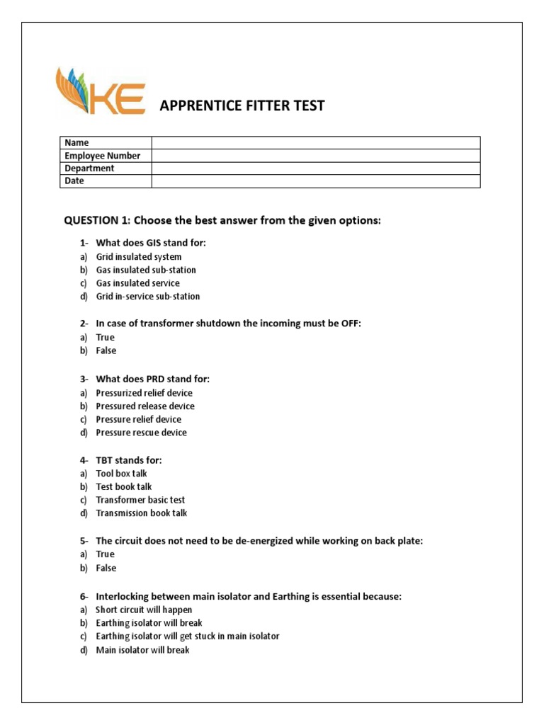Apprentice Fitter Test: QUESTION 1: Choose The Best Answer From The ...