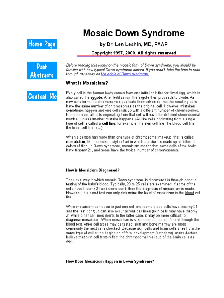 Mosaic Down Syndrome | PDF | Down Syndrome | Cell (Biology)