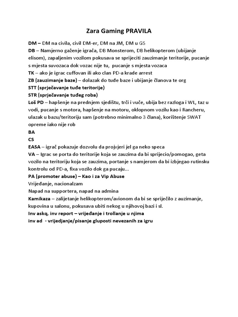 Zara Gaming PRAVILA | PDF