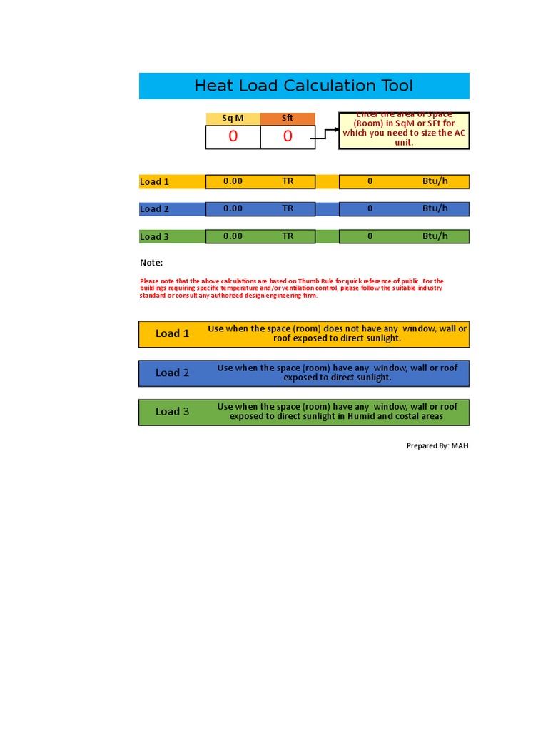 Heat Load Calculation Tool: Load 1 0.00 TR 0 Btu/h Load 2 0.00 TR 0 Btu ...