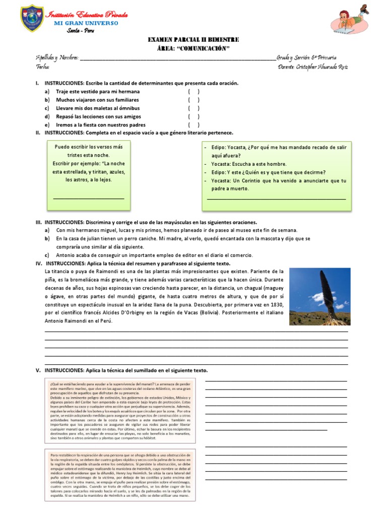 Examen Parcial Ii Bimestre - Comunicacion 6° | PDF | Crecimiento ...