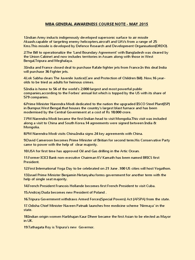 Mba General Awareness Course Note - May 2015 | PDF