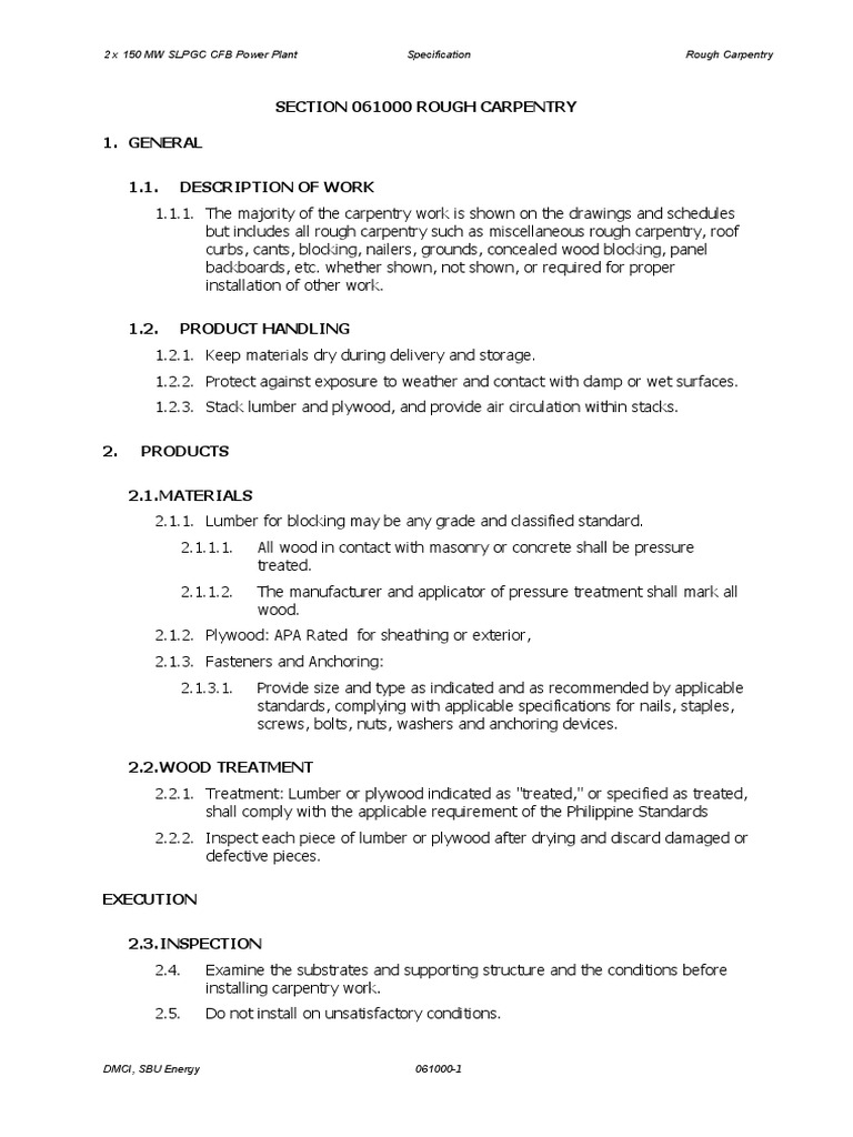 Specification for Rough Carpentry Requirements for a 2 x 150 MW SLPGC ...