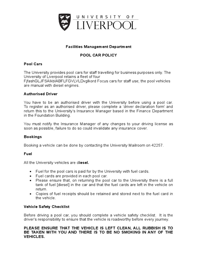 University of Liverpool Pool Car Policy: Guidelines for Authorized ...
