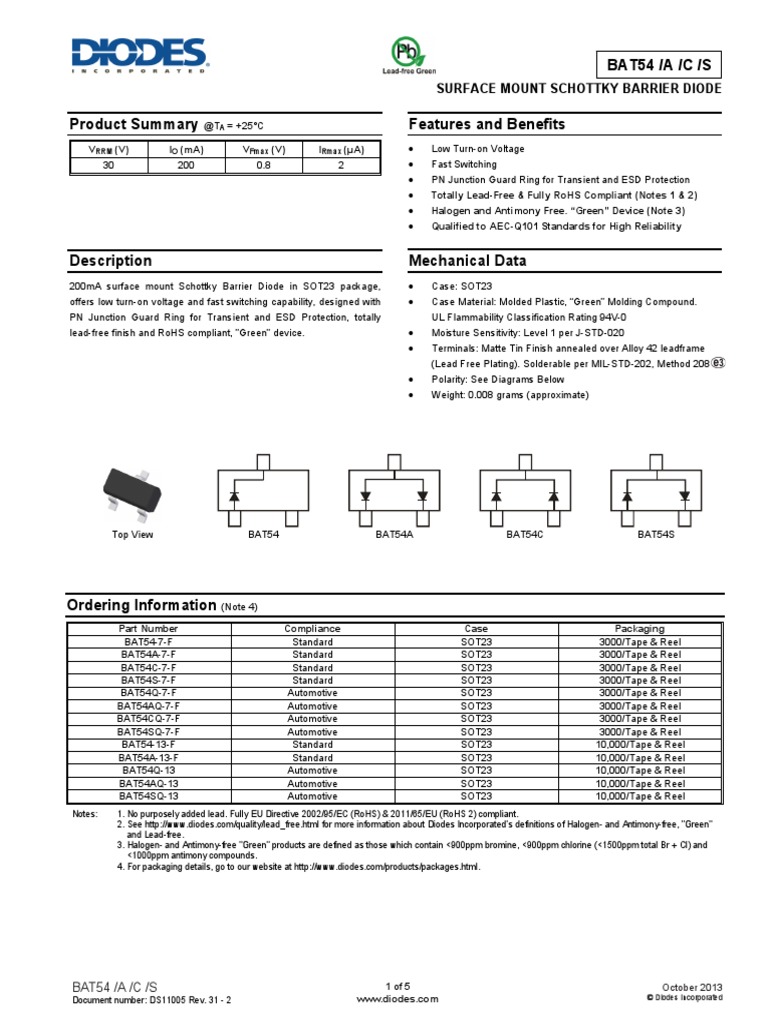 BAT54 /A /C /S: Surface Mount Schottky Barrier Diode | Download Free ...