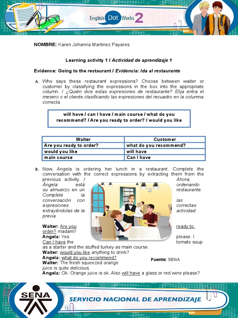 Evidence Going To The Restaurant Actividad 1 Ingles 2 | PDF ...