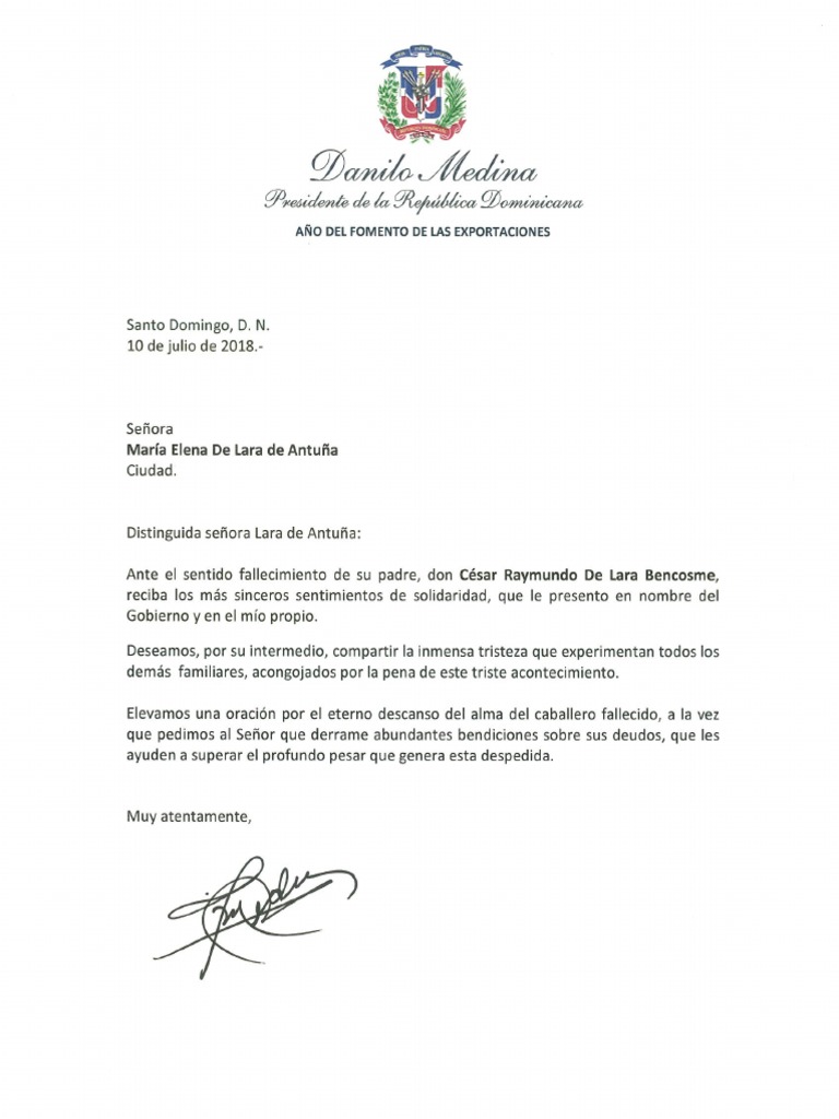 Carta de Condolencias Del Presidente Danilo Medina A María Elena de ...