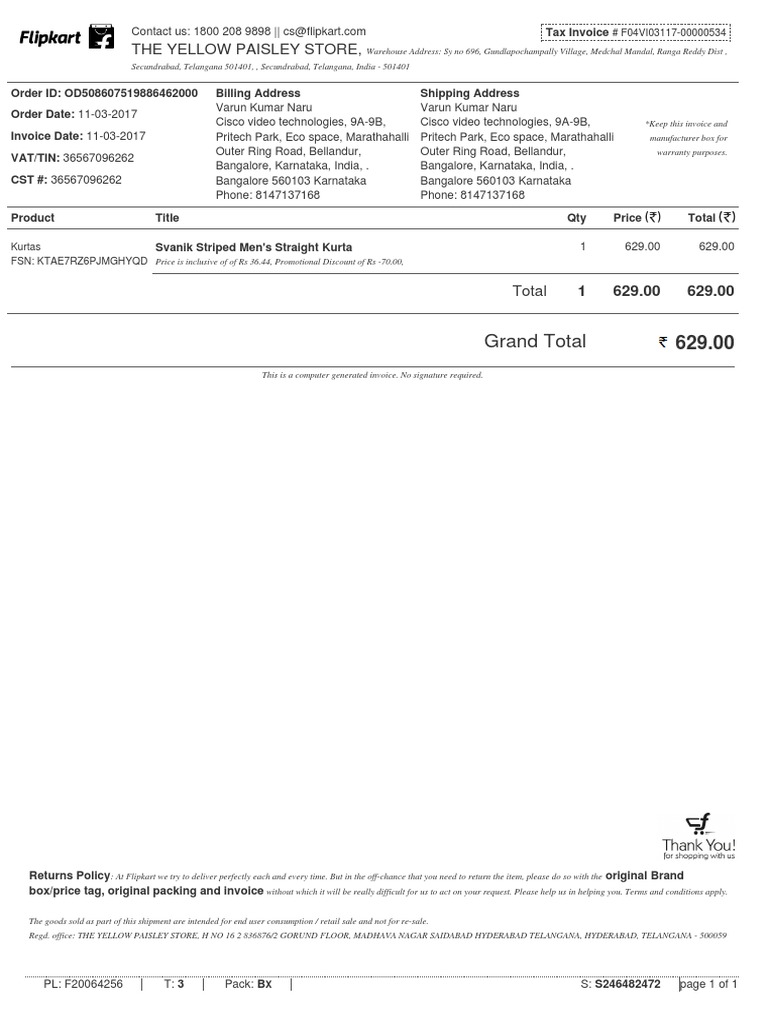 Flipkart bill | Invoice | Economies