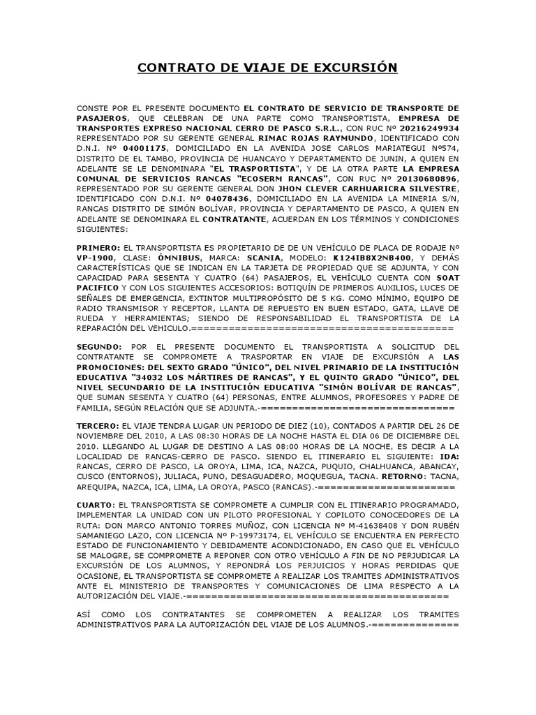 Contrato de Viaje de Escursión | PDF