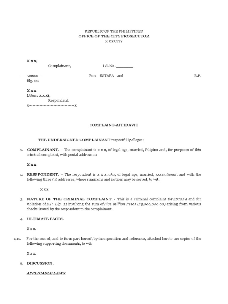 sample estafa complaint | Fraud | Cheque
