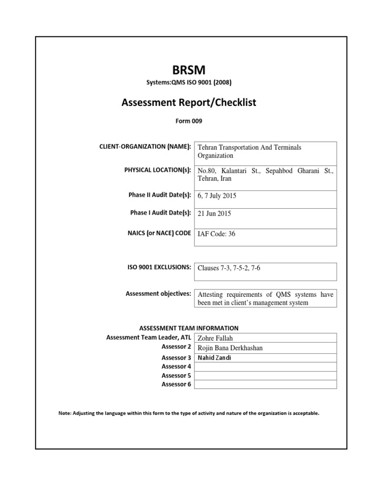 BRSM Form 009 Qms TTT | PDF | Quality Management System | Internal Audit