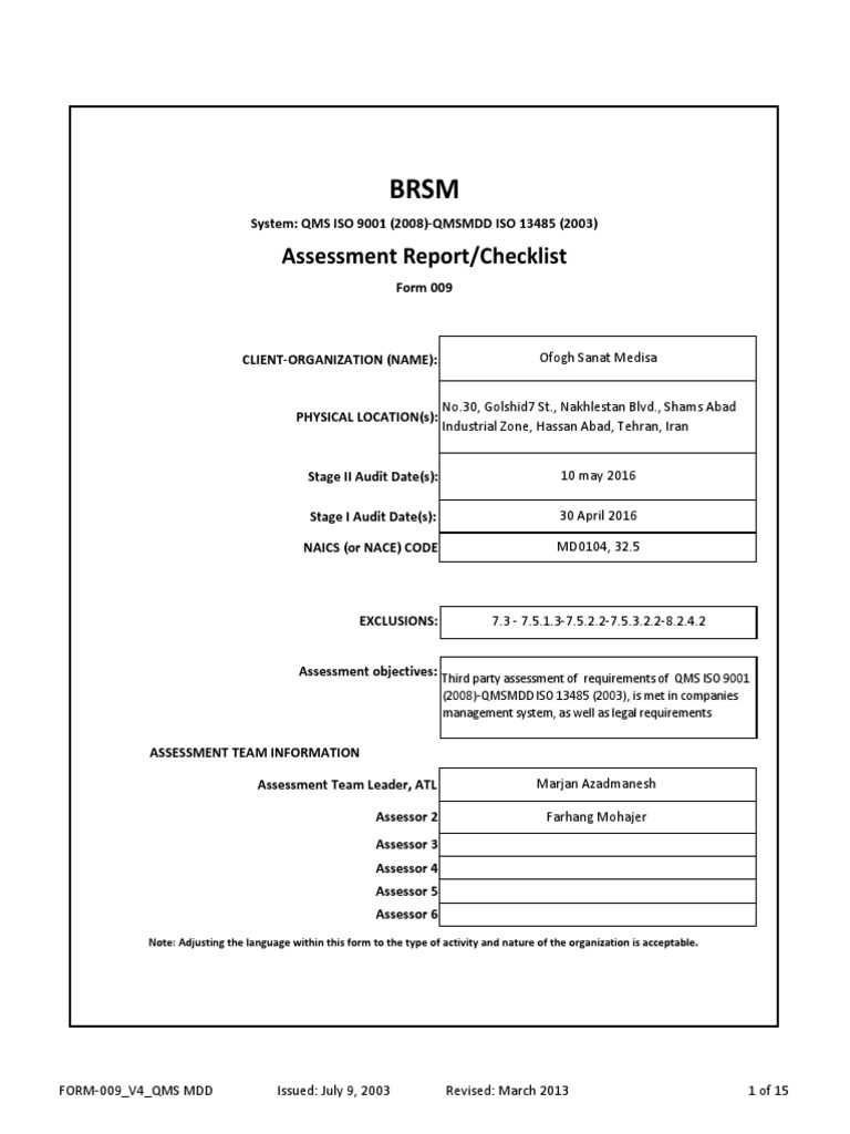 BRSM Form 009 - QMS Osm | PDF | Calibration | Goal