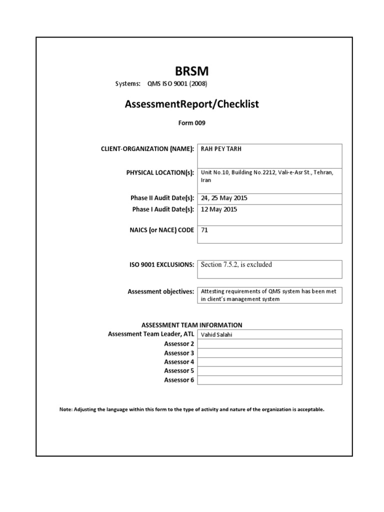 Assessmentreport/Checklist: Systems: Qms Iso 9001 (2008) | PDF ...