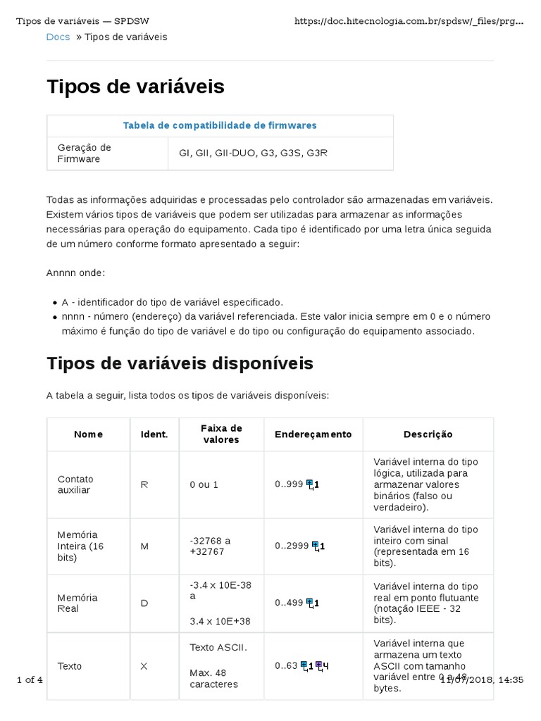 Tipos de variáveis disponíveis