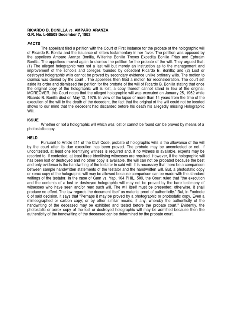 Whether a Lost Holographic Will Can Be Proved Through a Photostatic ...