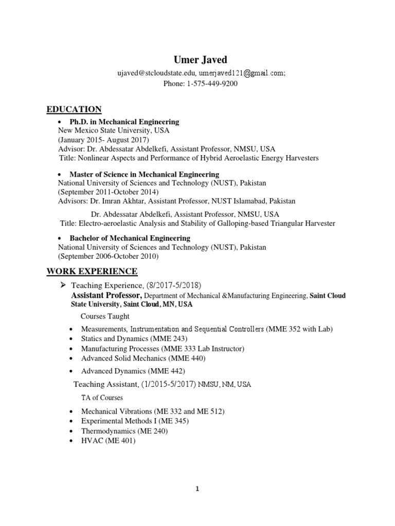 Umer Javed CV | PDF | Mechanical Engineering | Applied And ...
