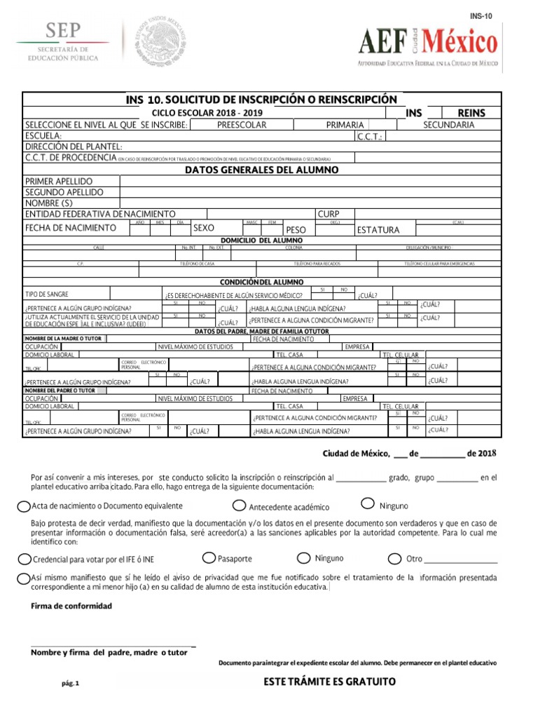 INS-10. Solicitud de Inscripcion o Reinscripcion 18-19 Bueno | PDF