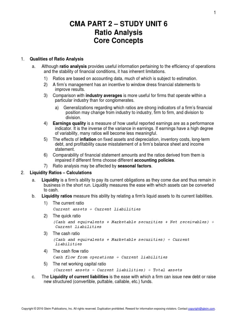 Cma Part 2 - Study Unit 6 Ratio Analysis Core Concepts | PDF | Leverage ...