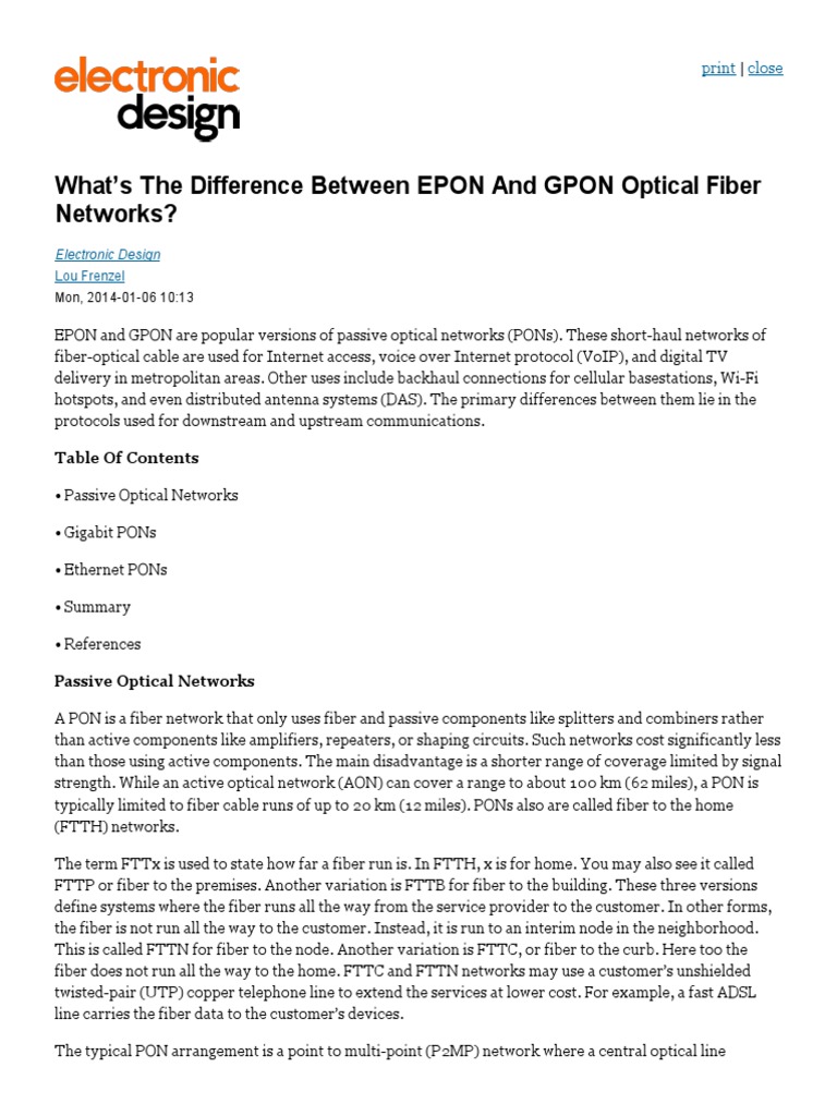 What's The Difference Between EPON and GPON Optical Fiber Networks? | PDF | Fiber To The X ...