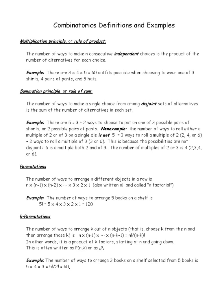 Combinatorics Cheat Sheet | PDF | Fraction (Mathematics) | Probability Combinatorics Cheat Sheet | PDF | Fraction (Mathematics) | Probability
