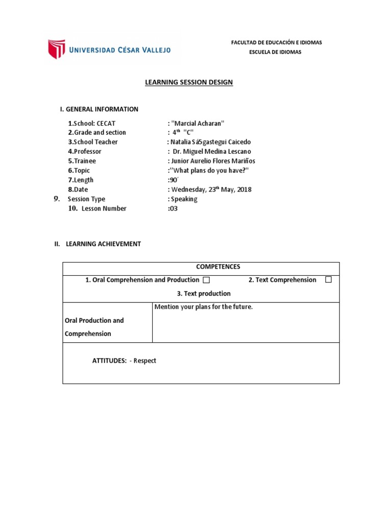 Learning Session Design: I. General Information | PDF | Reading ...