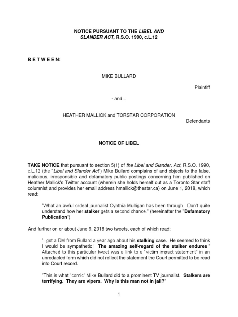 Notice of Libel TORSTAR - July 11, 2018 | PDF | Stalking | Defamation