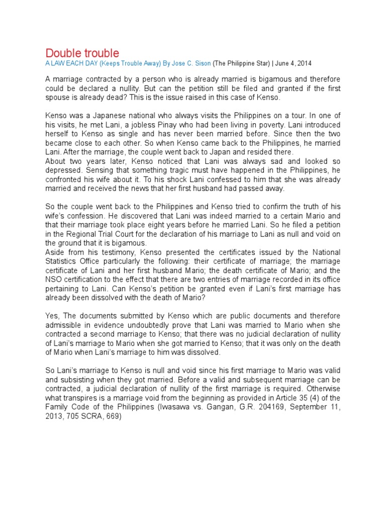 Double Trouble: A LAW EACH DAY (Keeps Trouble Away) by Jose C. Sison | PDF | Marriage ...