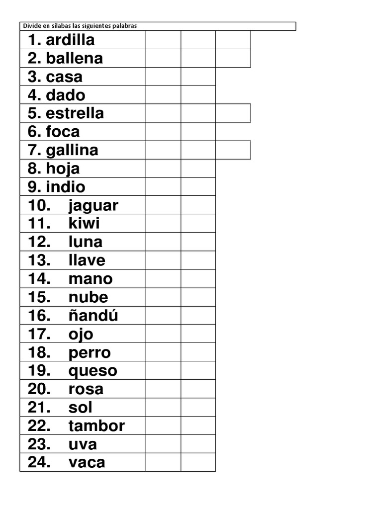 Divide en Sílabas Las Siguientes Palabras