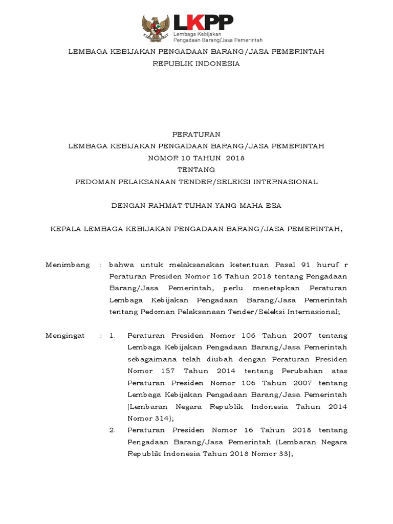 Perlem LKPP Nomor 10 Tahun 2018 Tentang Pedoman Pelaksanaan Tender Atau Seleksi Internasional | PDF