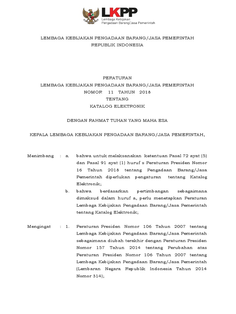 Perlem LKPP Nomor 11 Tahun 2018 Tentang Katalog Elektronik | PDF