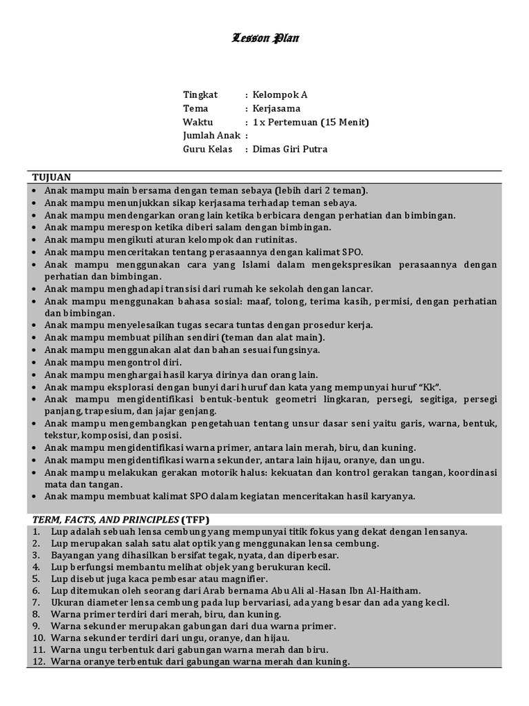 Lesson Plan TK A Tema Kerjasama | PDF