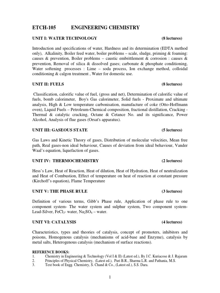 ETCH-105 Engineering Chemistry: Unit I: Water Technology (8 Lectures) | PDF | Gases | Water ...