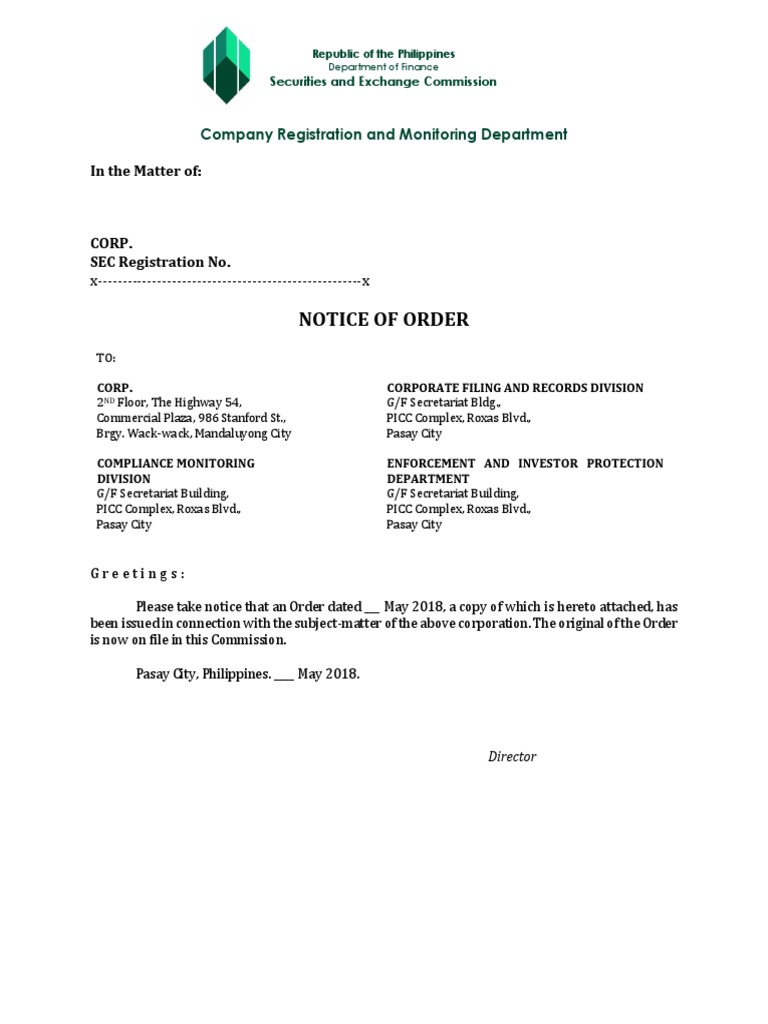 Notice of Order: in The Matter of | PDF | Finance & Money Management