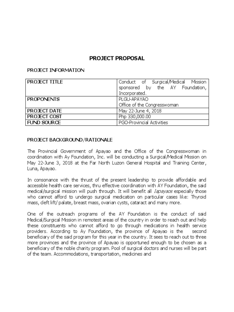 Project Proposal Ay Foundation Medical Mission 2018 | Surgery | Medicine