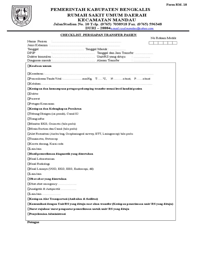 Checklist Persiapan Transfer Pasien | PDF