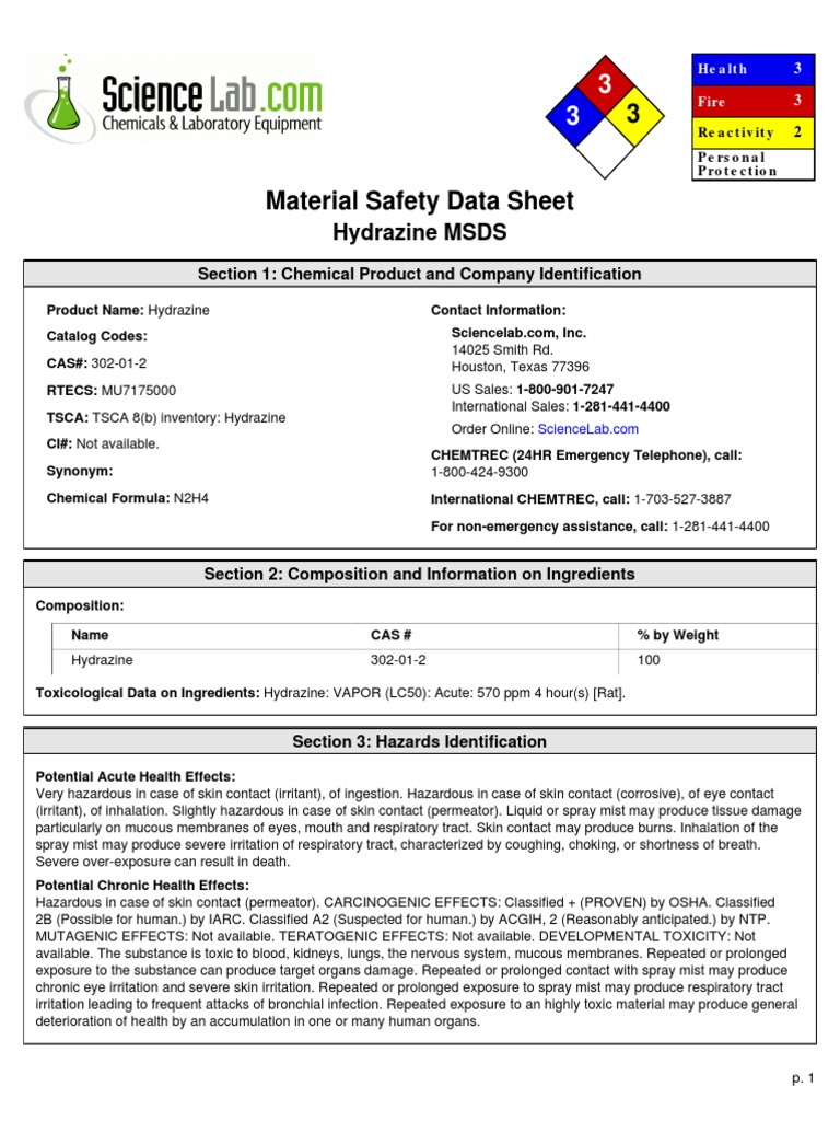 Hydrazine MSDS: Section 1: Chemical Product and Company Identification ...
