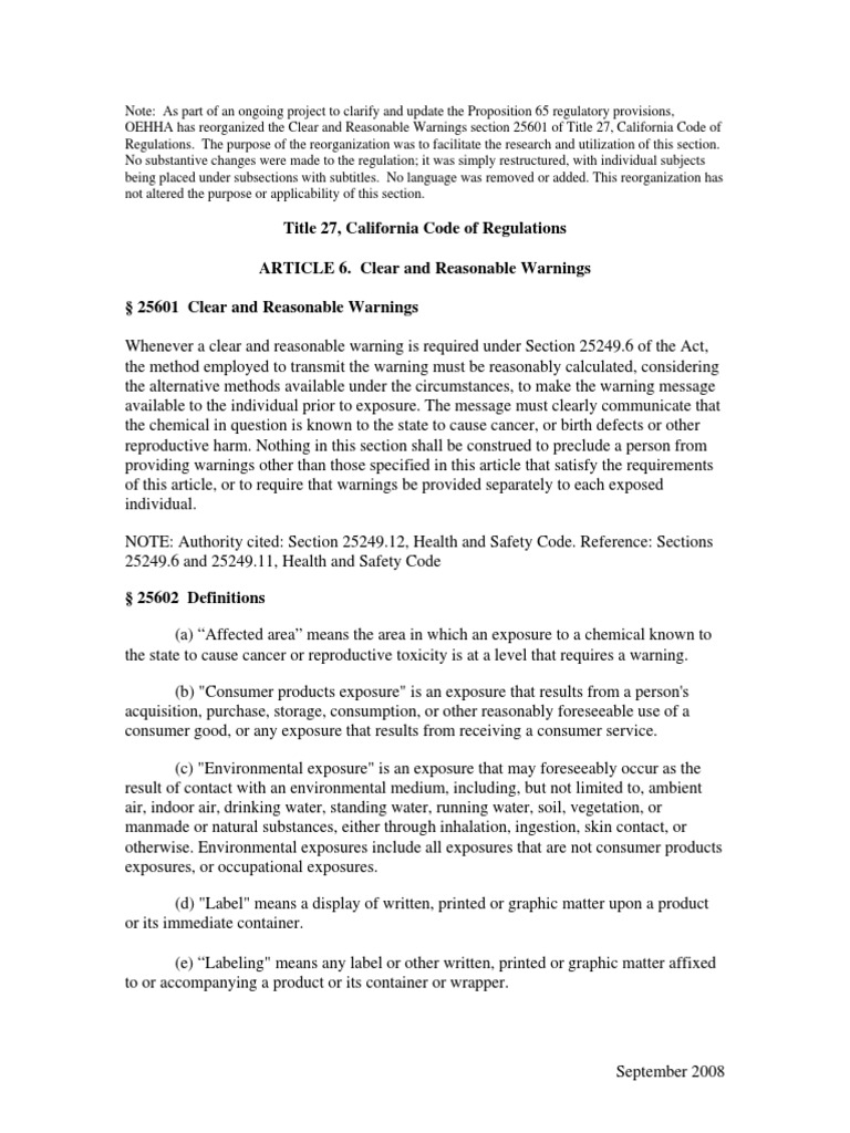 Title 27, California Code of Regulations ARTICLE 6. Clear and ...