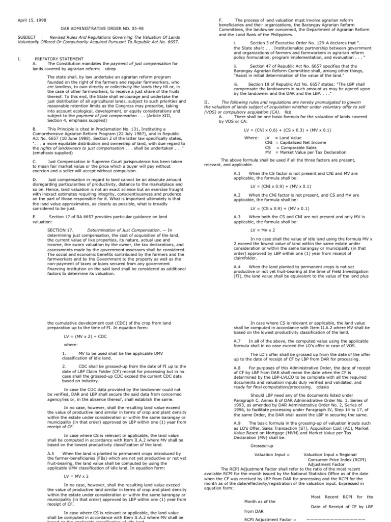 Dar Administrative Order No. 05-98 | PDF | Real Estate Appraisal ...