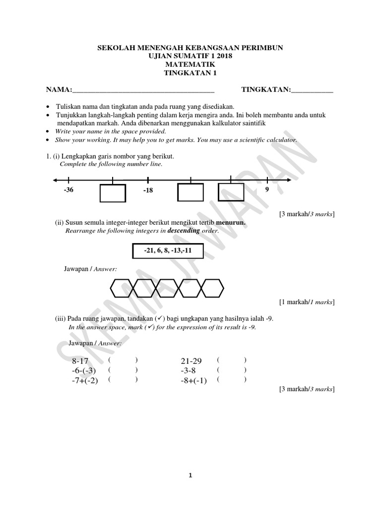 Soalan Ujian 1 Matematik Tingkatan 1 2018 | PDF