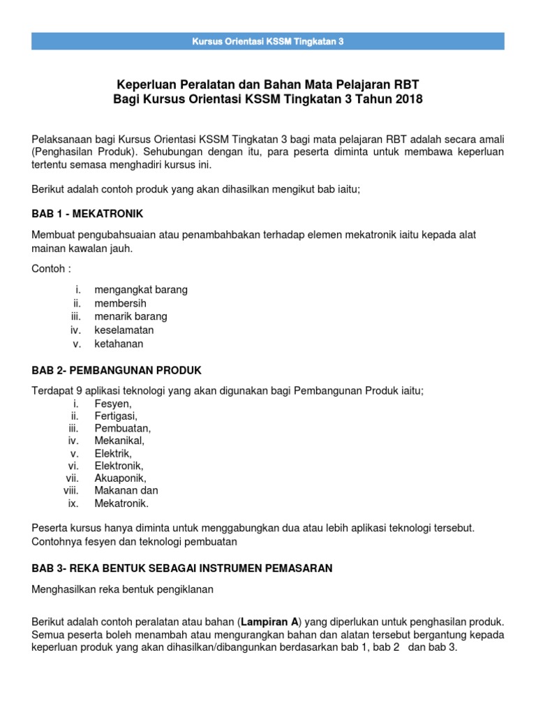 Cadangan Alatan Dan Bahan Bagi Kursus Orientasi RBT Tingkatan 3 Mac ...