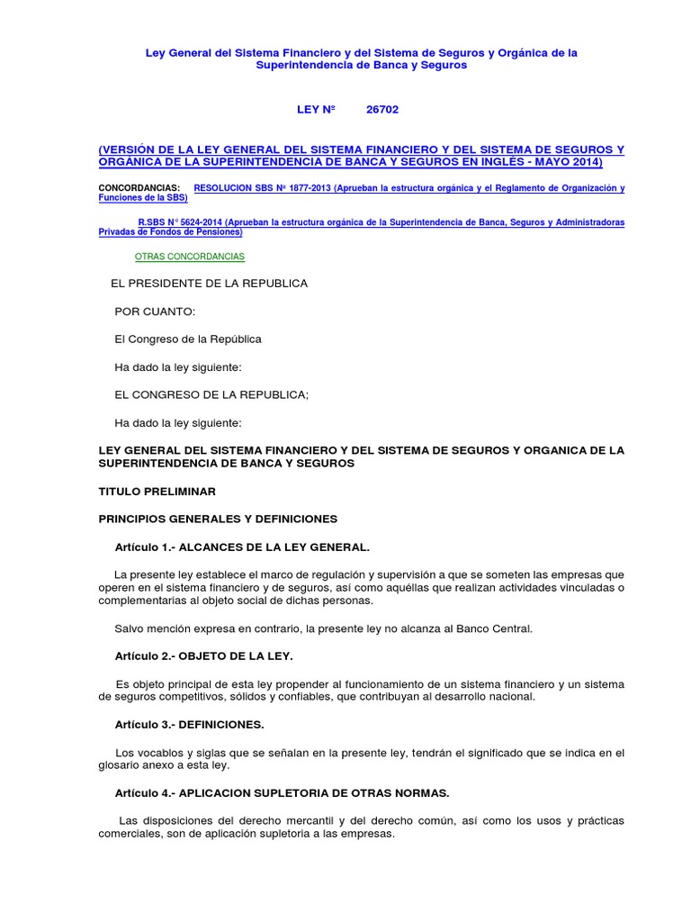 Ley Del Sistema Financiero Ley 26702 Spij | PDF | Seguro | Bancos