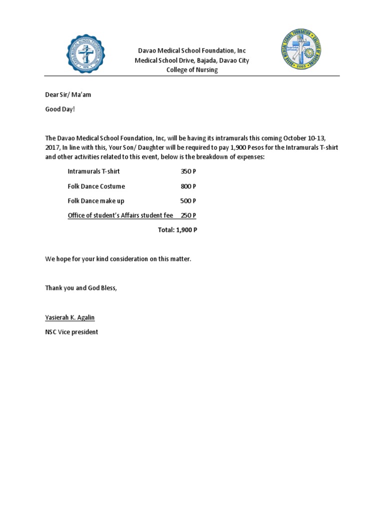 Letter Breakdown of Expenses For Intrams | PDF