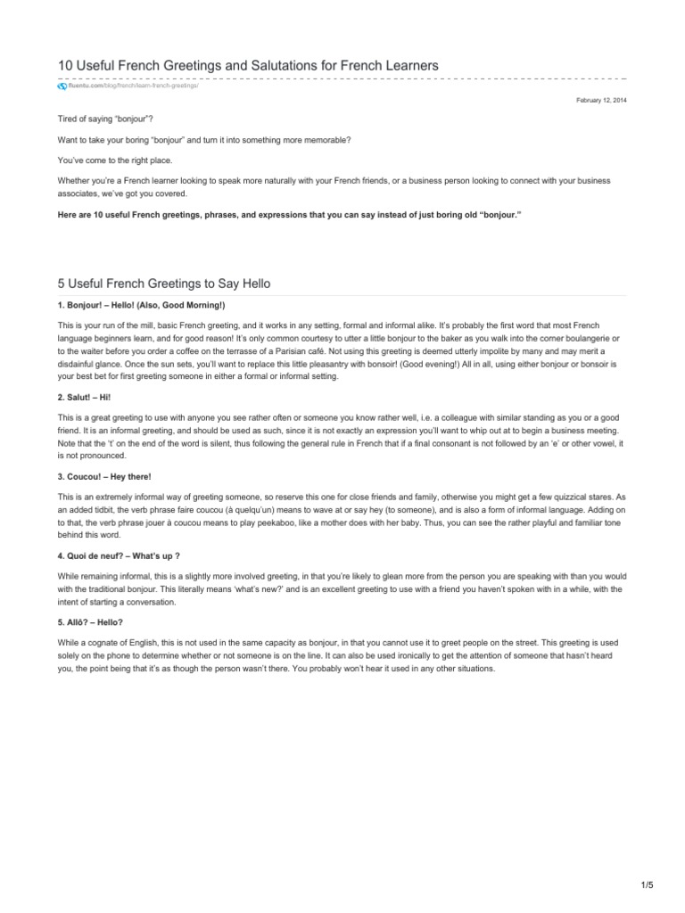 10 Useful French Greetings | PDF | Vocabulary | French Language